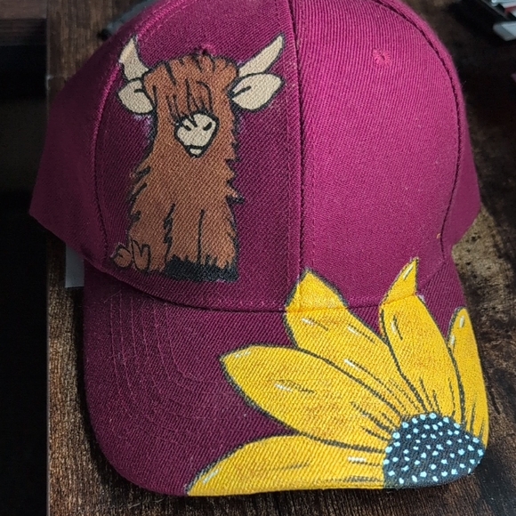 Accessories | Custom Painted Maroon Cap With Sunflower And Highland Cow ...